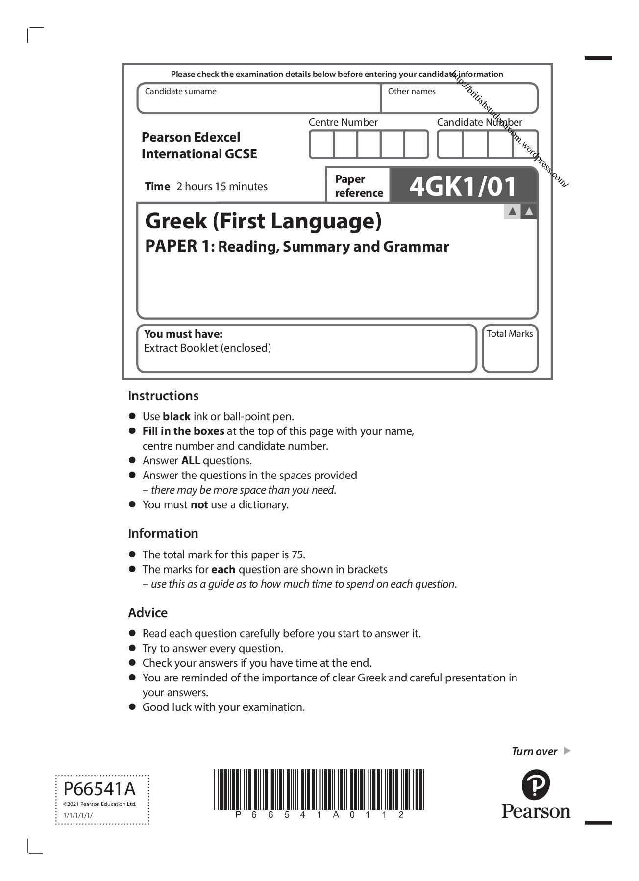 Pearson Edexcel International GCSE_Greek ( First Language )_4GK1/01 ...