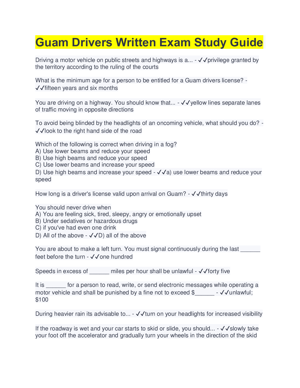 Guam Drivers Written Exam Study Guide | 100% Correct Answers ...