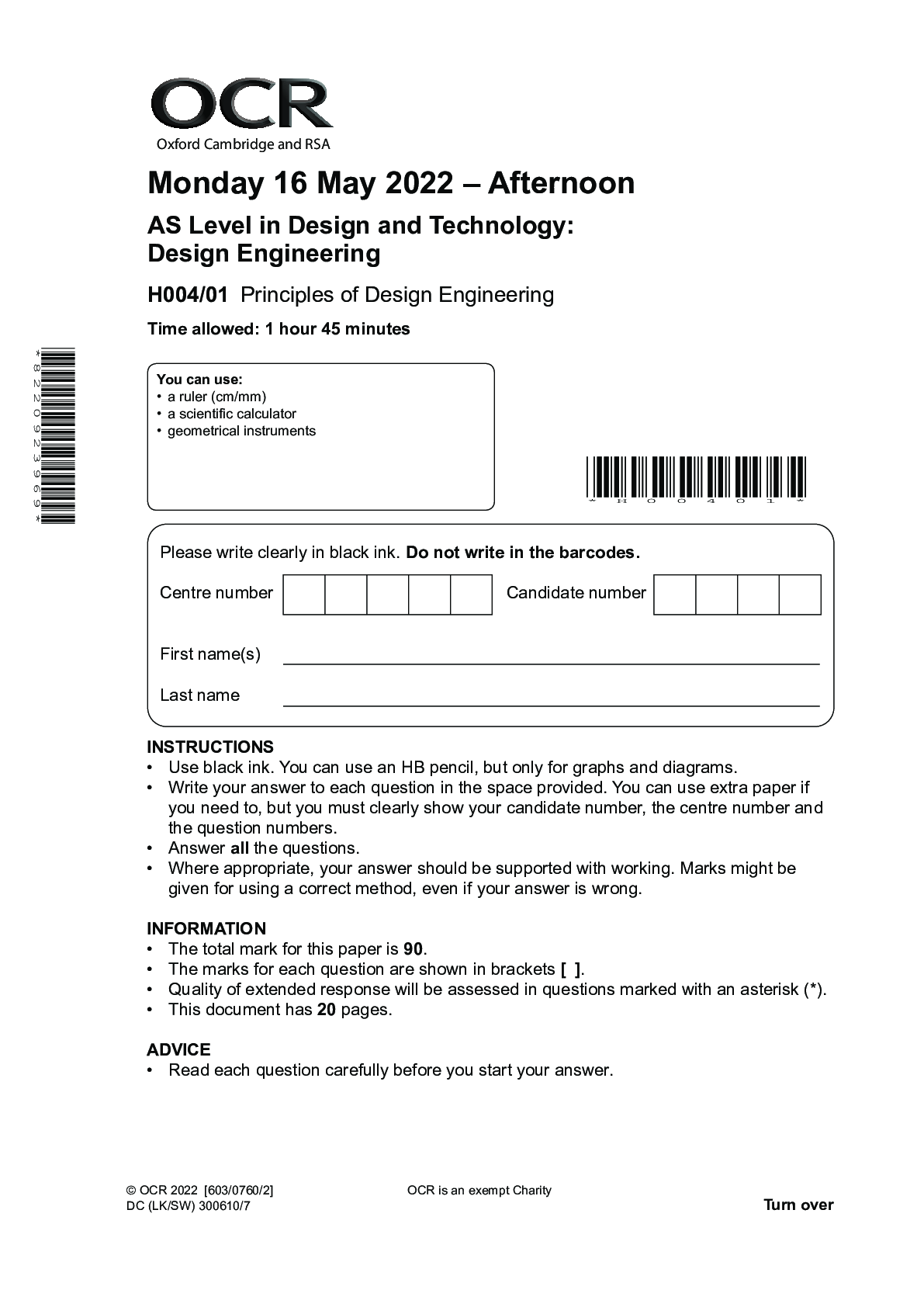 OCR AS LEVEL JUNE 2022 DESIGN AND TECHNOLOGY QUESTION PAPER 1 - DESIGN ...