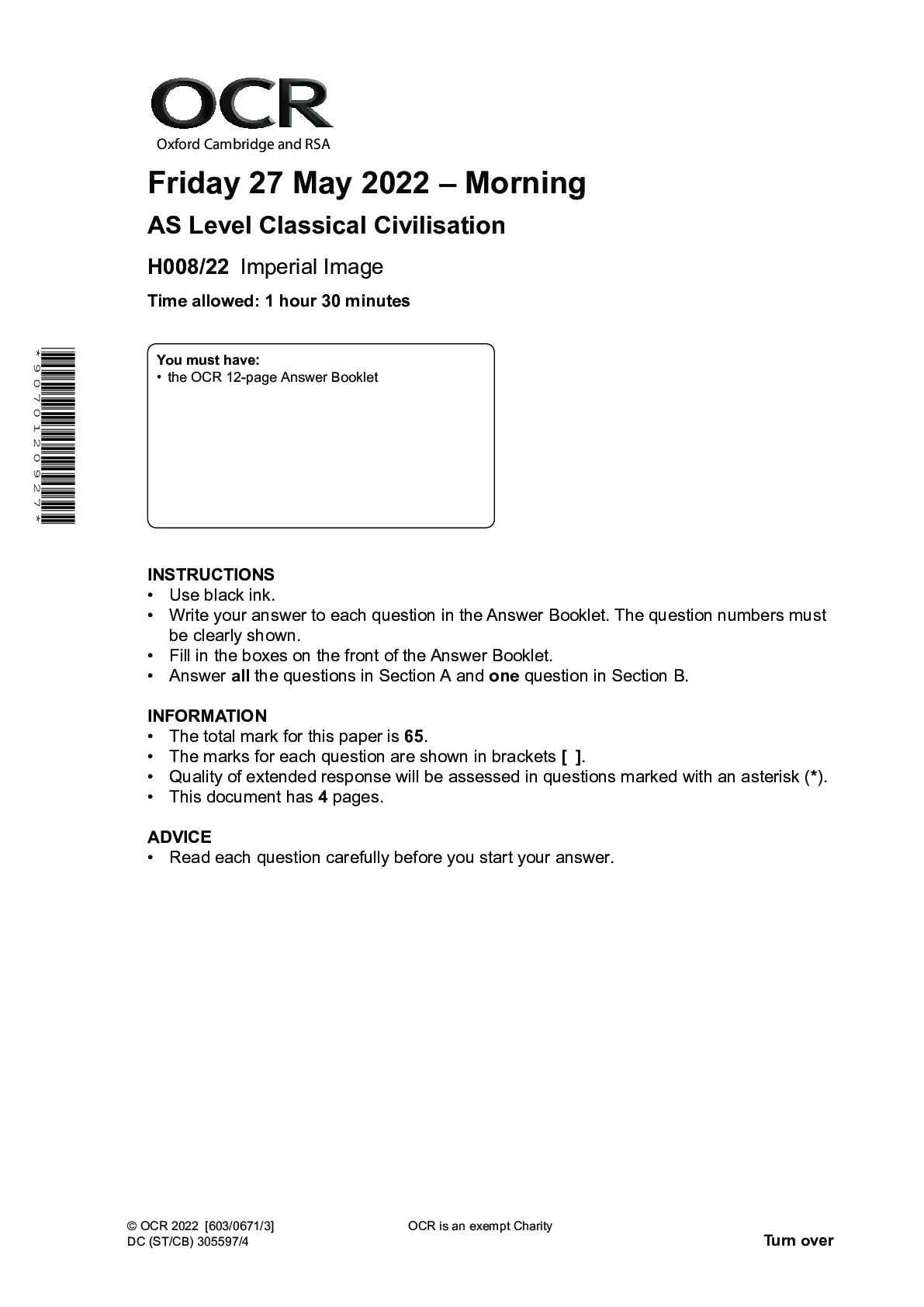 OCR AS LEVEL JUNE 2022 CASSICAL CIVILISATION QUESTION PAPER 22 ...