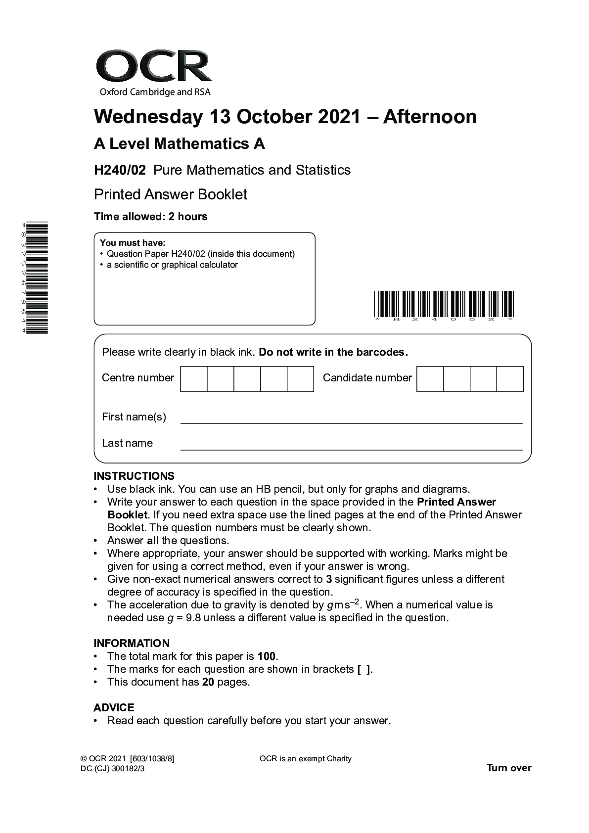 >_ A Level Mathematics A H240/02: Pure Mathematics and Statistics ...