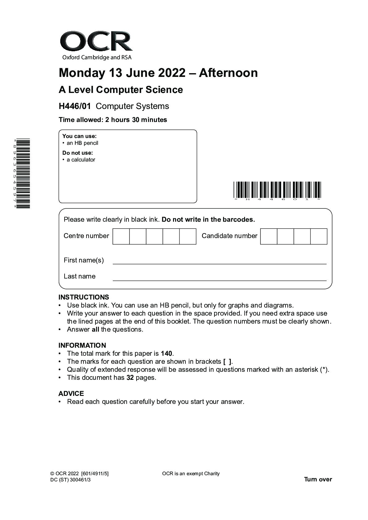OCR A LEVEL JUNE 2022 COMPUTER SCIENCE QUESTION PAPER 1 ...
