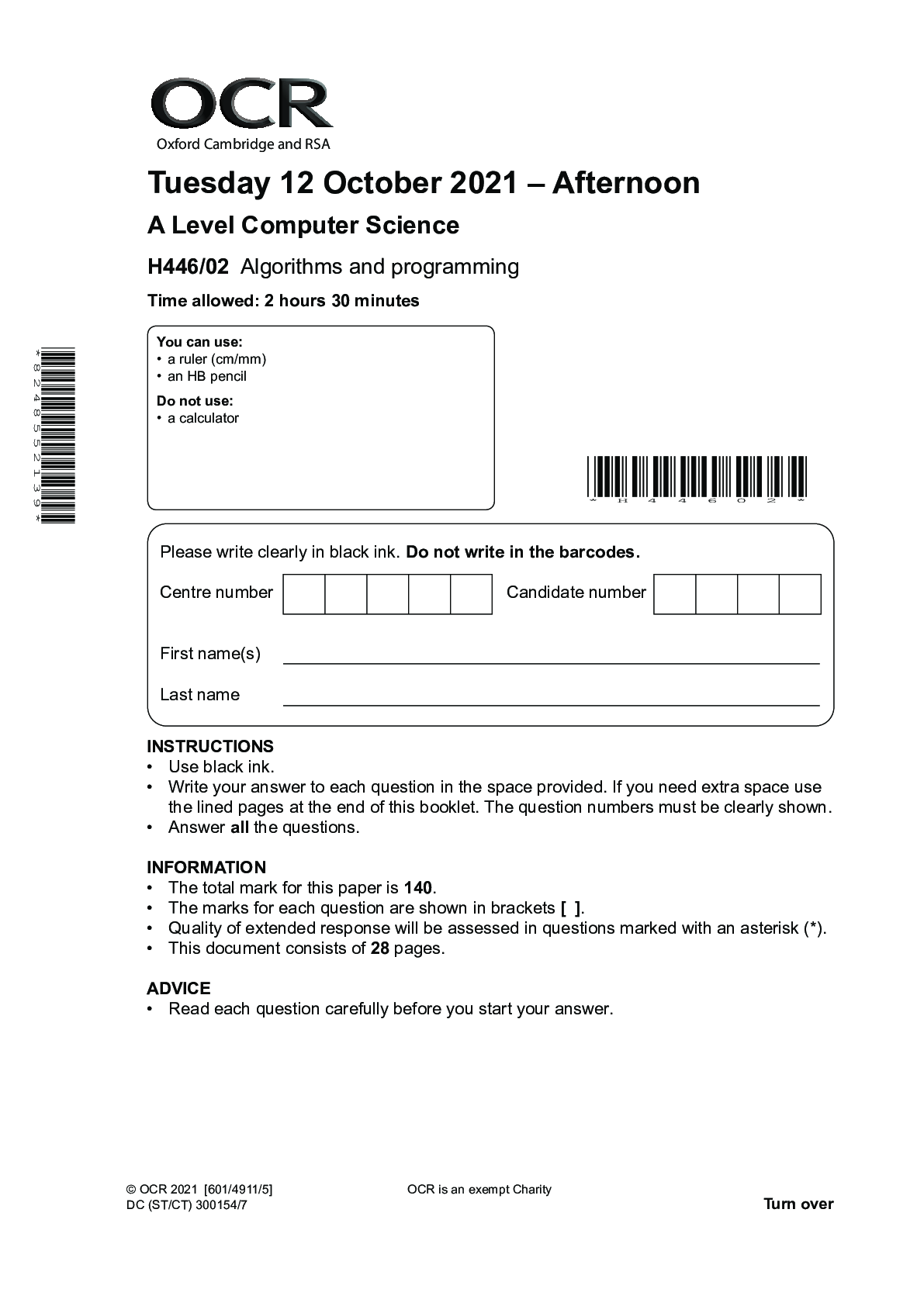 > A Level Computer Science H446/02 Algorithms and programming Question ...