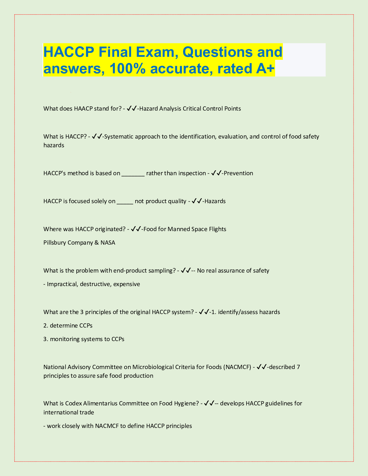 HACCP Final Exam, Questions and answers, 100% accurate, rated A+ ...