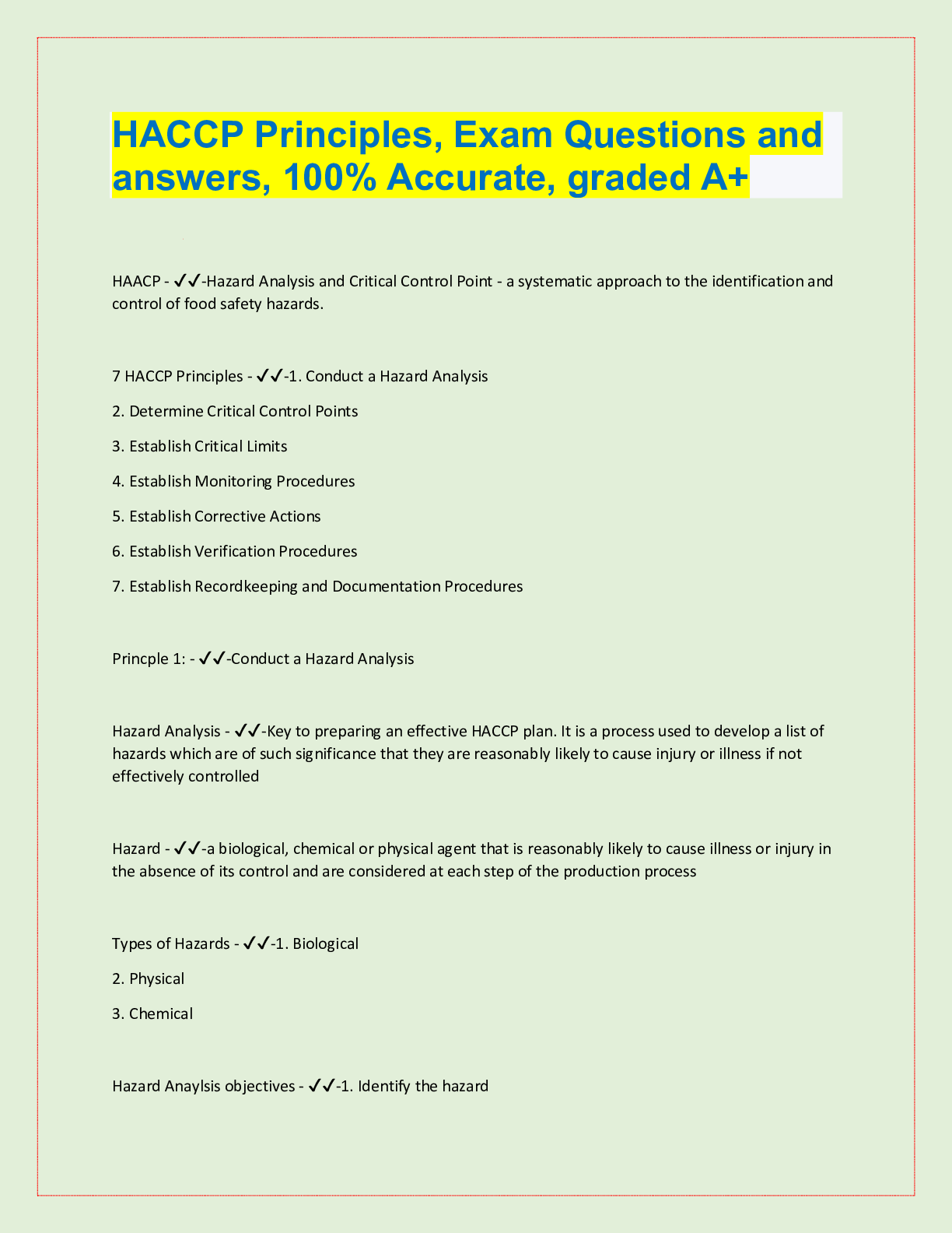 HACCP Principles, Exam Questions and answers, 100% Accurate, graded A+ ...