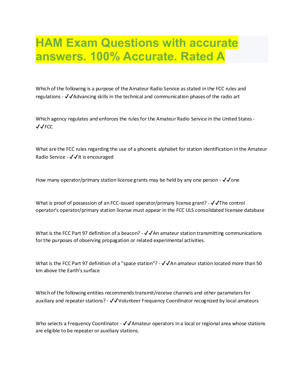 HAM Exam Questions with accurate answers. 100% Accurate. Rated A ...