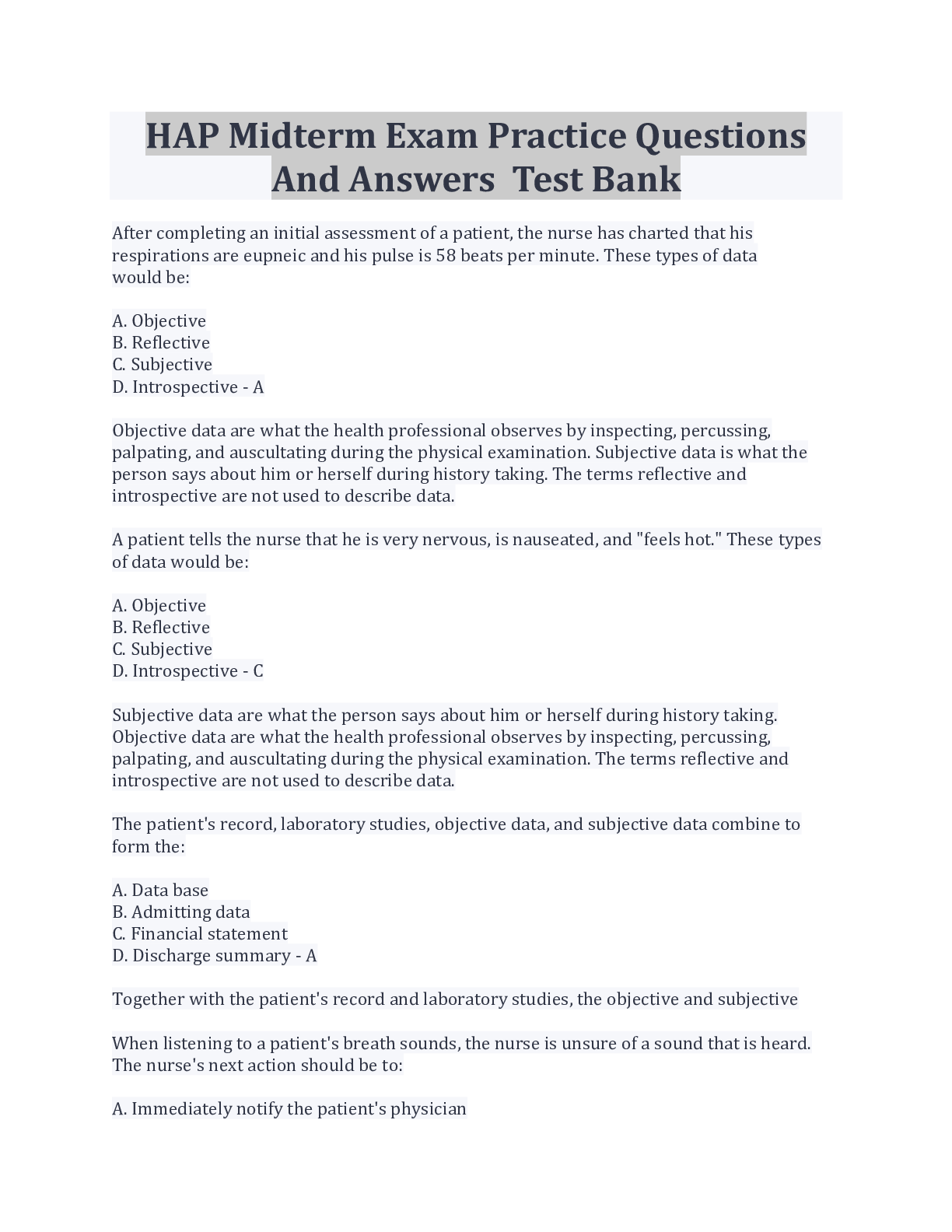 HAP Midterm Exam Practice Questions And Answers Test Bank - Scholarfriends
