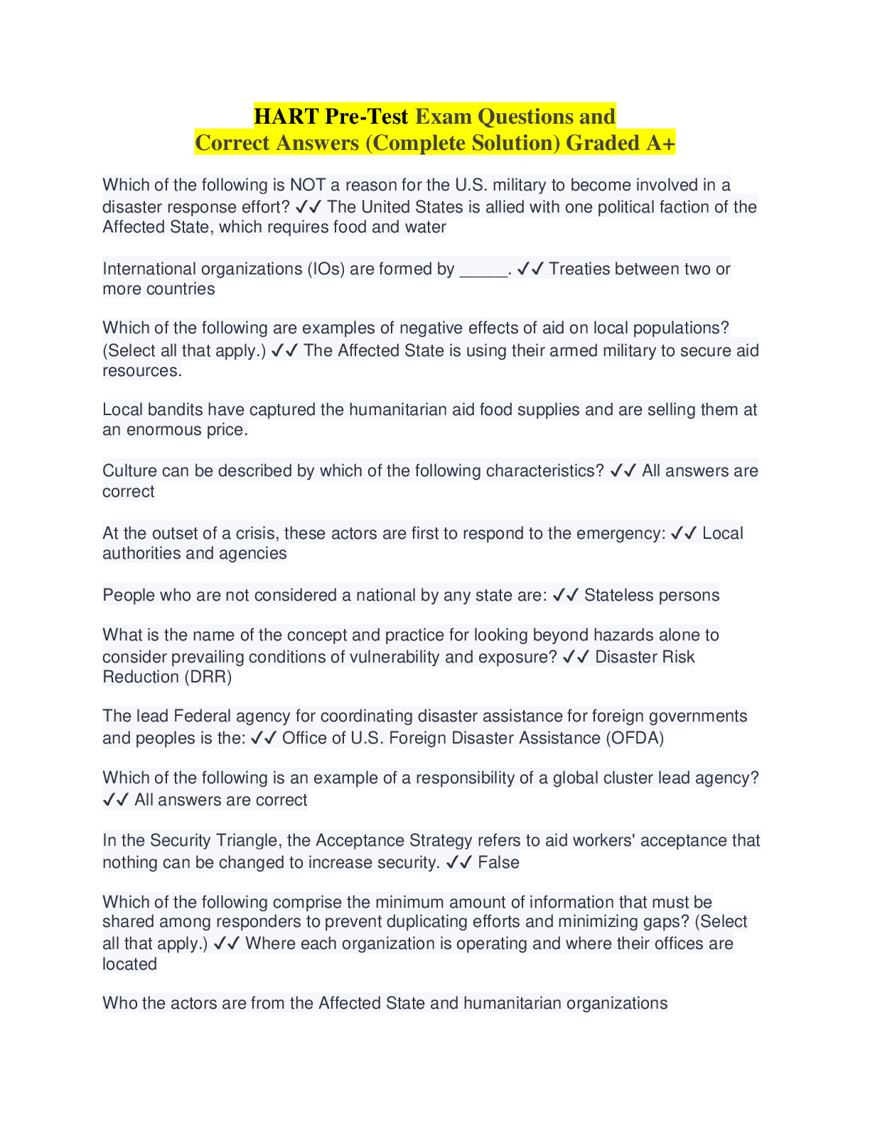 HART Pre-Test Exam Questions and Correct Answers (Complete Solution ...