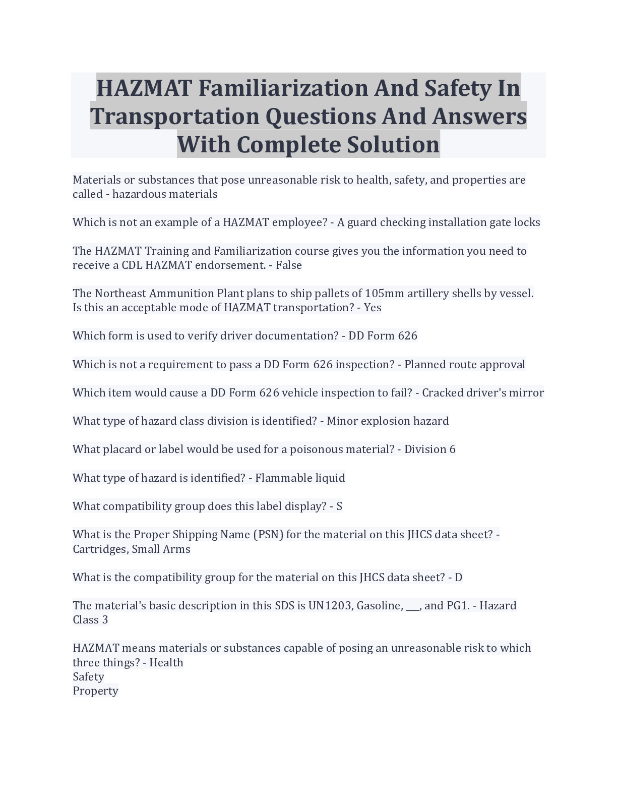 HAZMAT Familiarization And Safety In Transportation Questions And ...