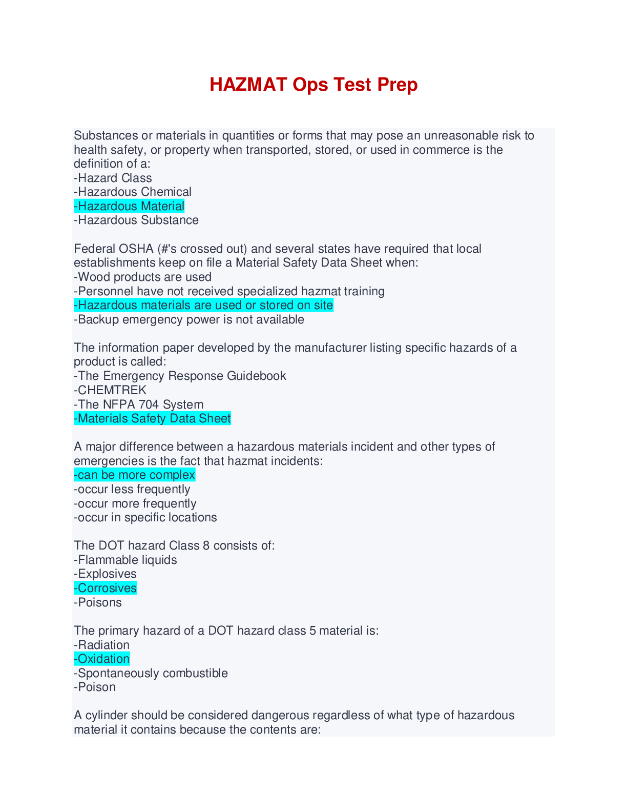 HAZMAT Ops Test Prep 2023 - Questions and Answers - Scholarfriends