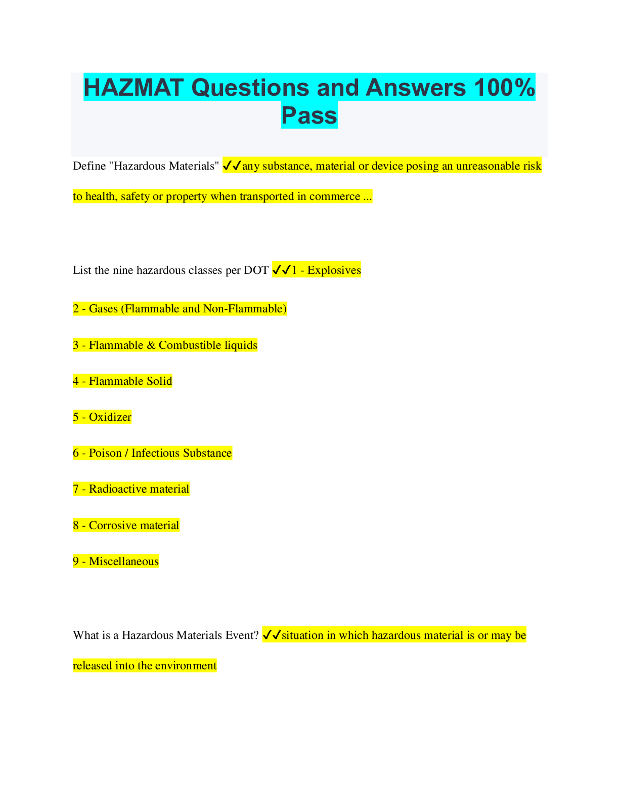 HAZMAT Questions and Answers 100% Pass – Scholarfriends - Scholarfriends