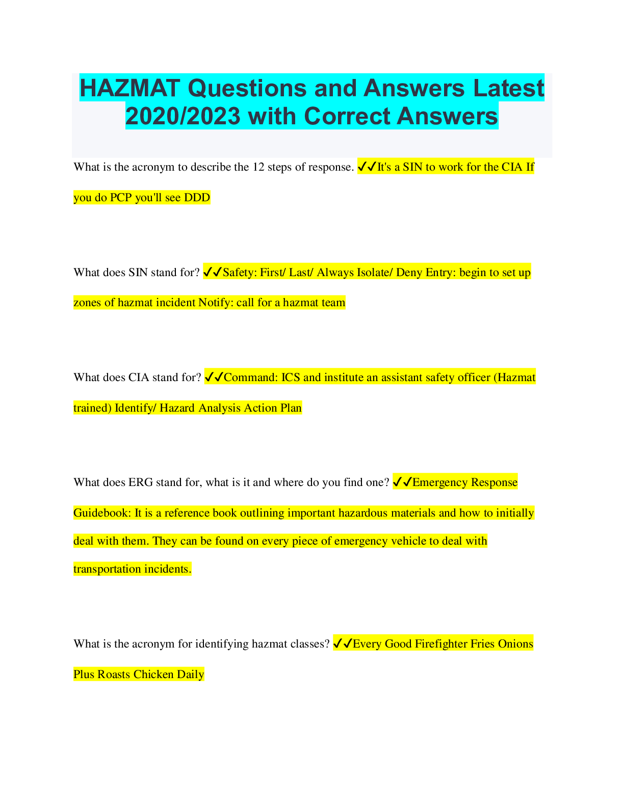HAZMAT Questions and Answers Latest 2020/2023 with Correct Answers ...