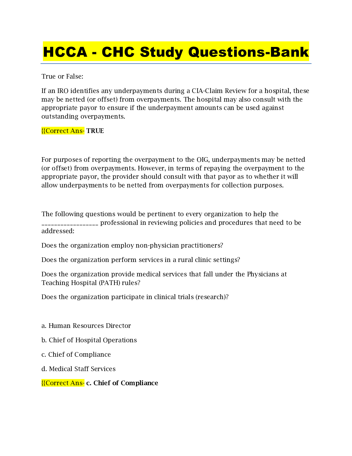HCCA - CHC Study Questions-Bank (750 Questions with all correct and ...
