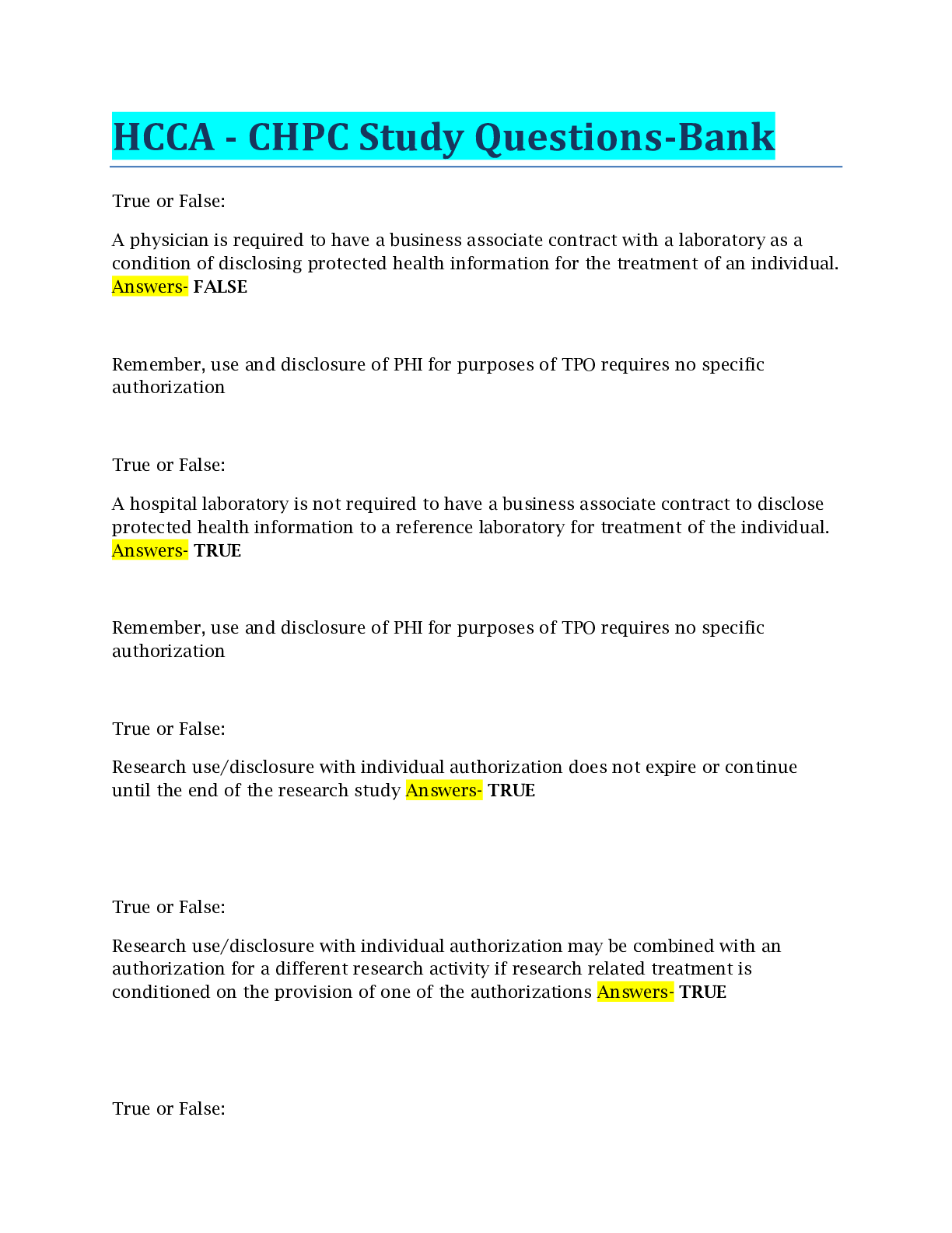 HCCA - CHPC Study Questions-Bank (questions with all correct and ...