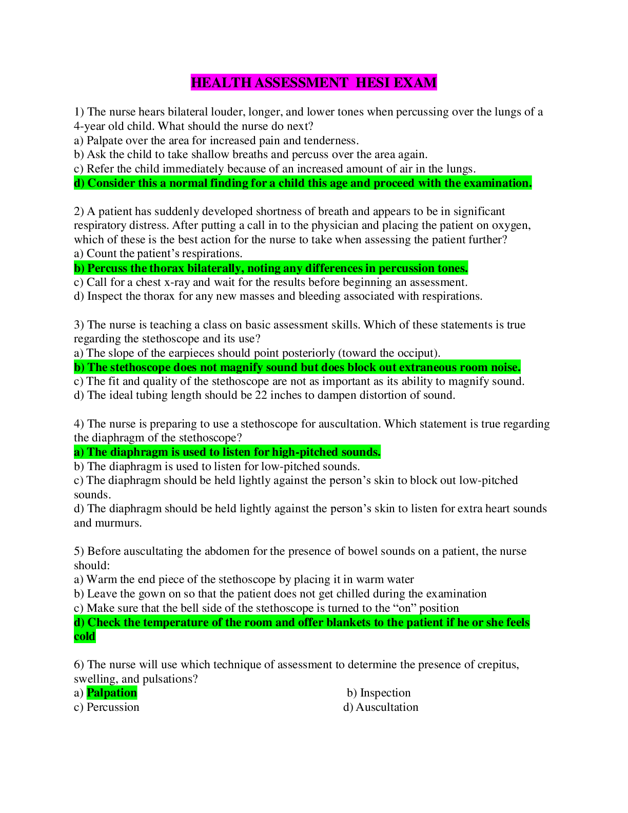 HESI Health Assessment Questions and Answers - Scholarfriends