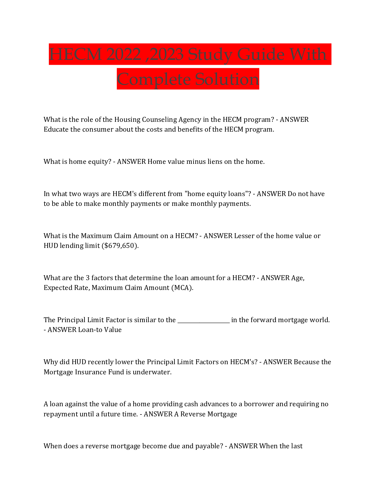HECM 2022 ,2023 Study Guide With Complete Solution - Scholarfriends