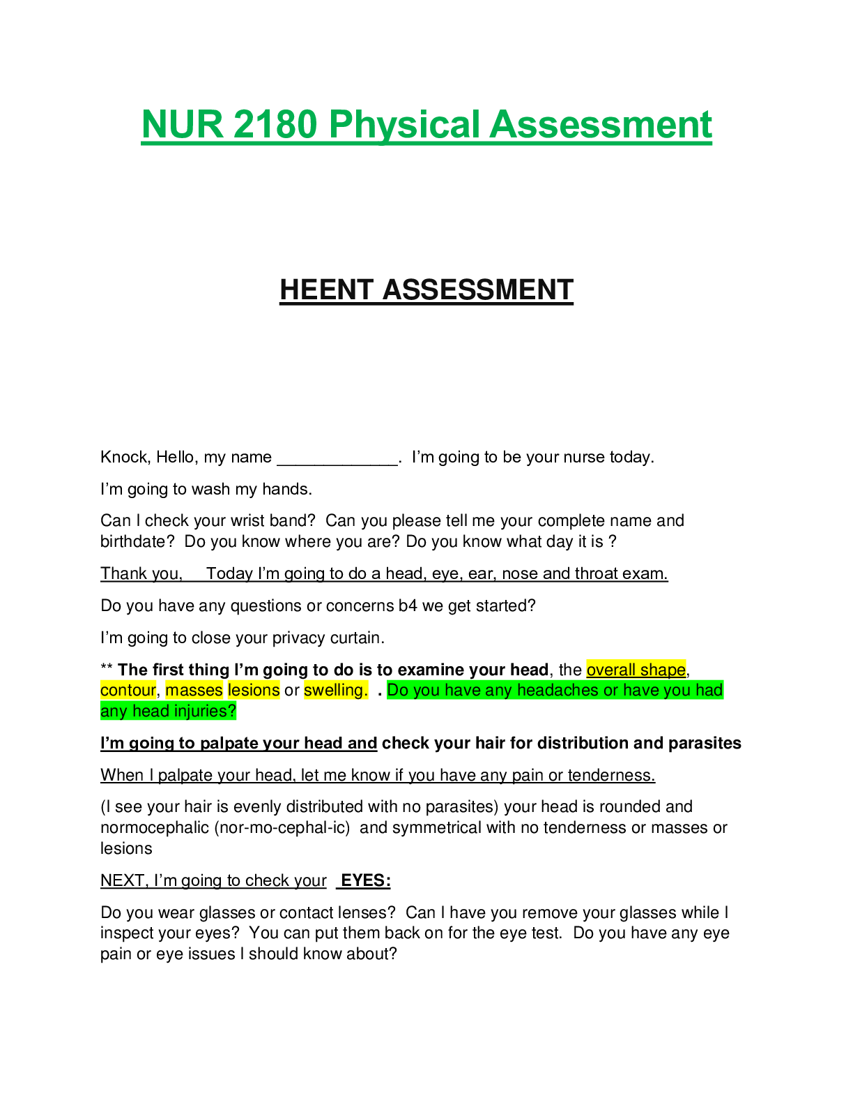 NUR 2180 / NUR2180: Physical Assessment - HEENT ASSESSMENT (Latest ...