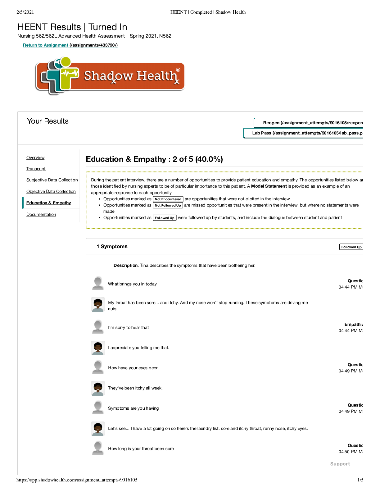 HEENT Tina Jones Shadow Health Education & empathy :2 out of 5(40.0 ...