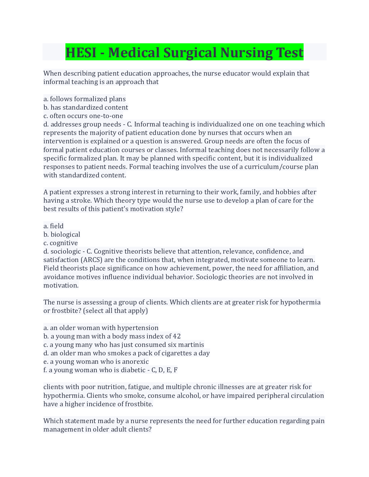 HESI - Medical Surgical Nursing Test Latest Update/ Download ...