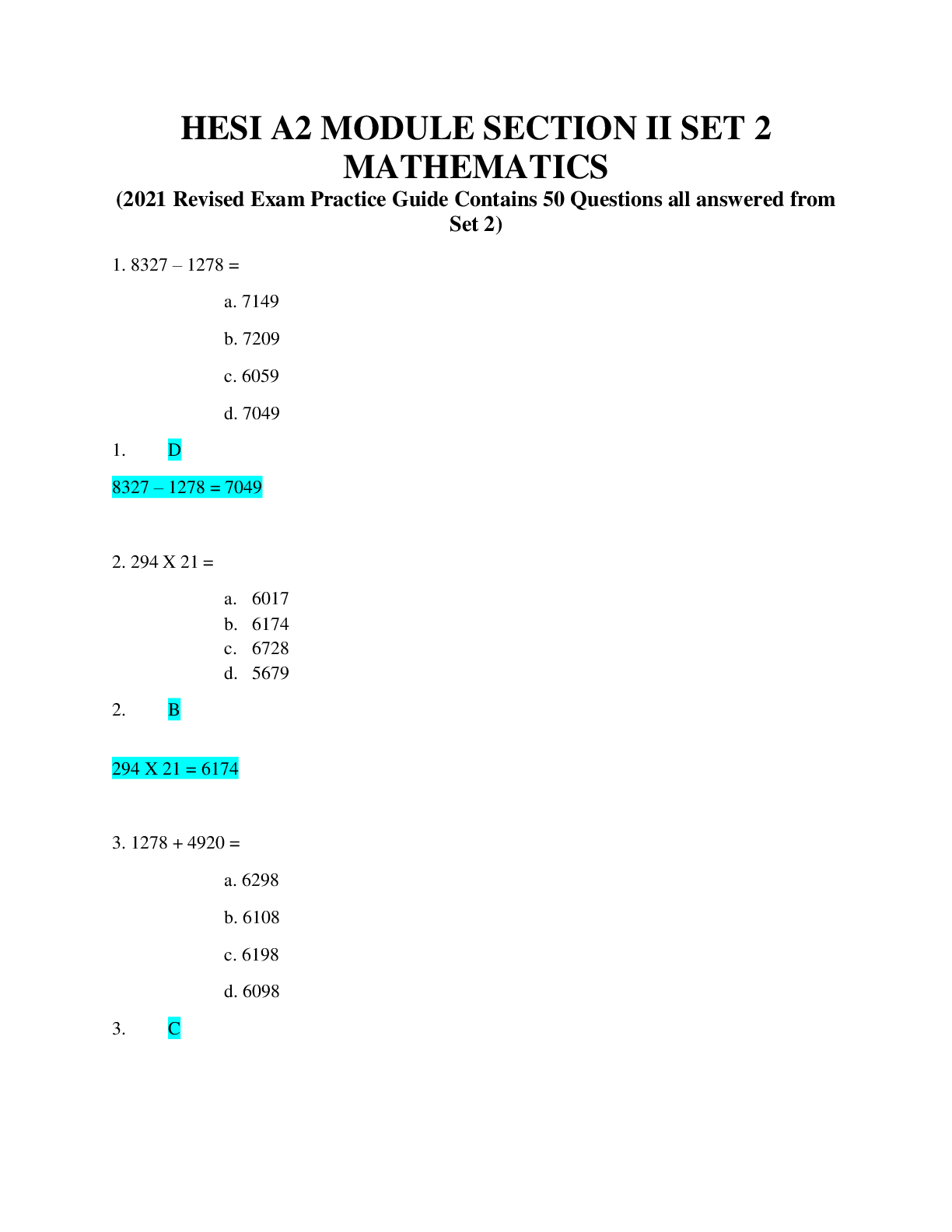 HESI A2 MODULE SECTION II SET I MATHEMATICS Revised_Exam_Practice_Guide ...