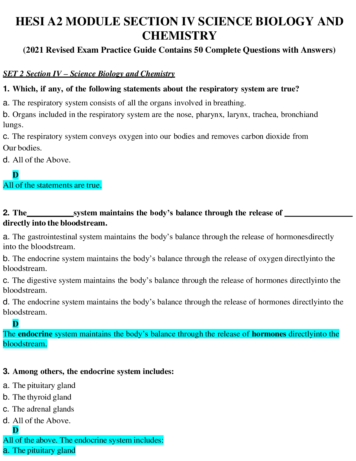 HESI A2 MODULE SECTION IV SET 2 PART 1 – SCIENCE BIOLOGY AND CHEMISTRY ...
