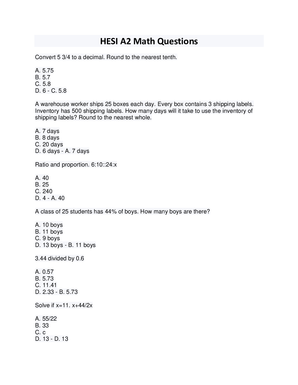 HESI A2 MATHS WITH SOLVED ANSWERS V1 ONLY - Scholarfriends