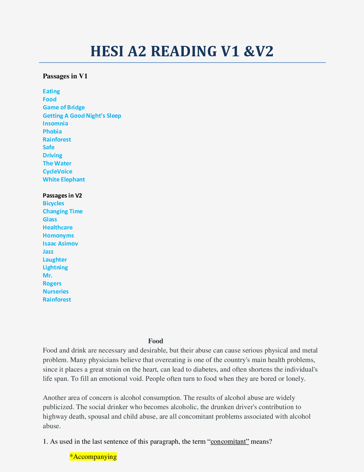 HESI A2 READING V1 &V2 with Compete Solution - Scholarfriends