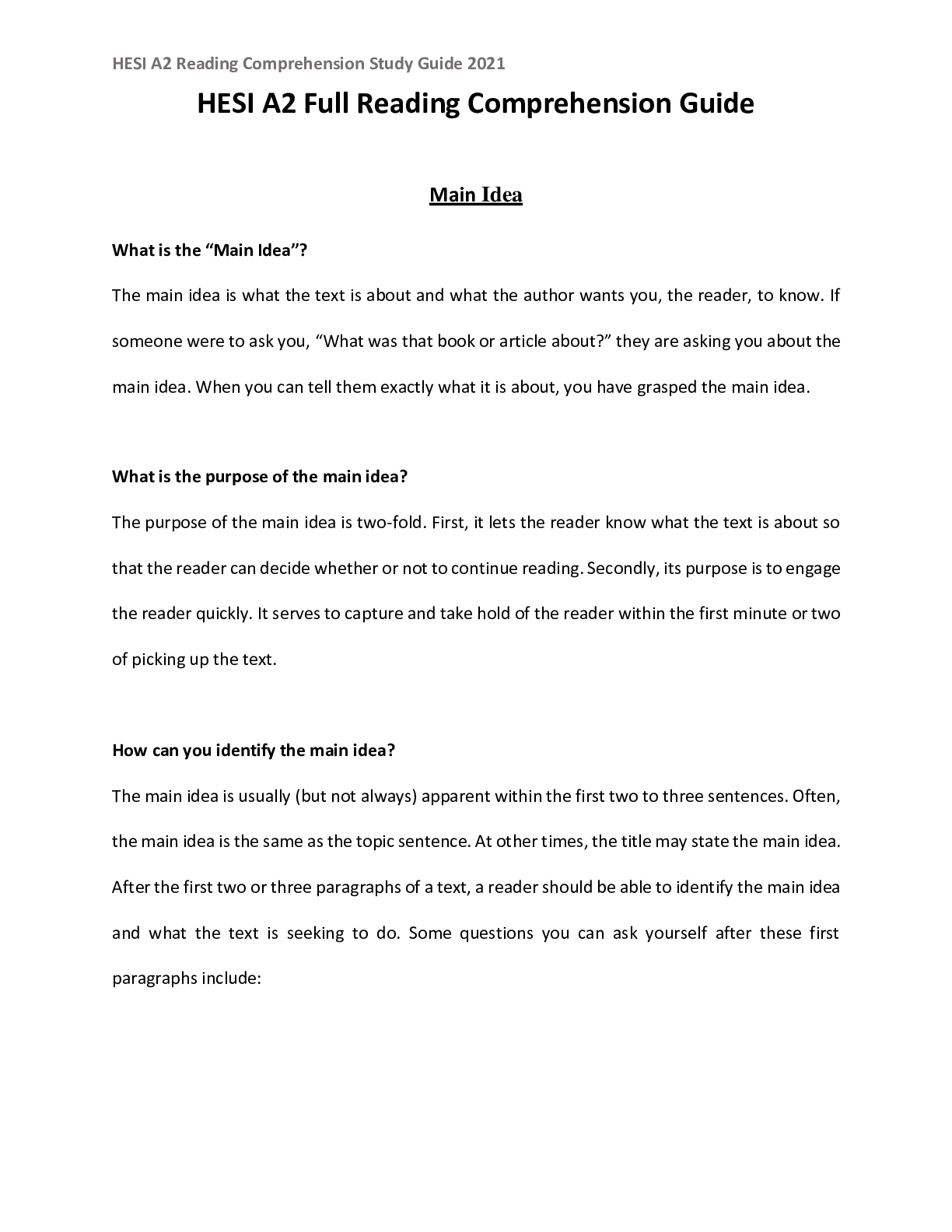 HESI A2 Reading Comprehension Study Guide 2021, V1 and V2 Latest ...