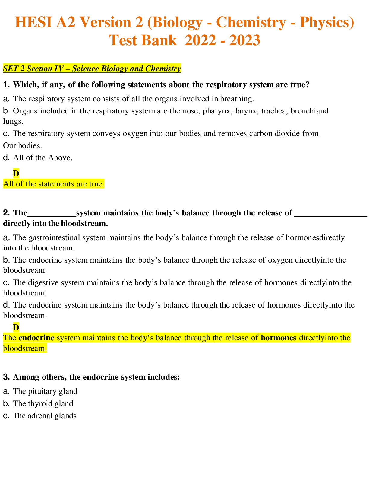 HESI A2 Version 2 (Biology - Chemistry - Physics) Test Bank 2022 - 2023 ...