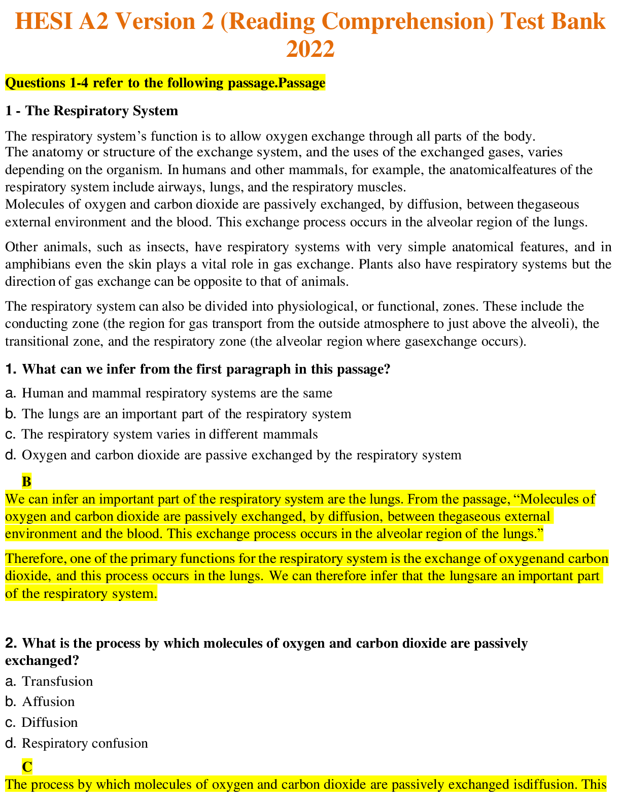 HESI A2 Reading Comprehension Version 2 -Test Bank Questions and ...