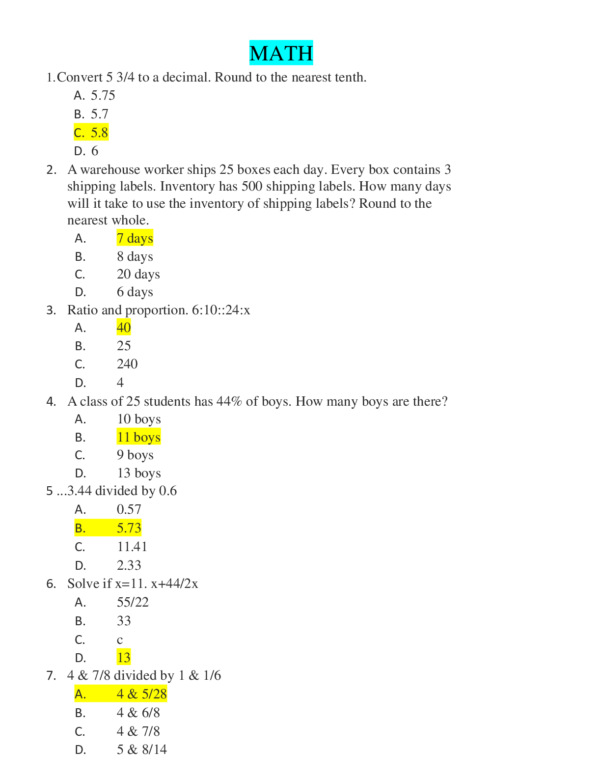 HESI A2 MATHS WITH SOLVED ANSWERS V1 - Scholarfriends