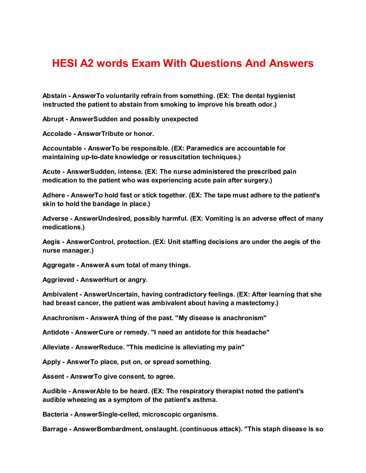 HESI A2 words Exam With Questions And Answers - Scholarfriends