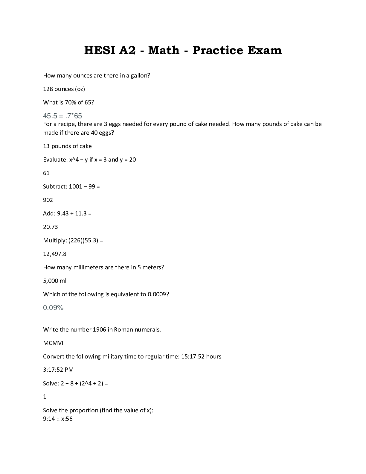 HESI A2 Math Practice Exam Completed for 2022/2023 - Scholarfriends