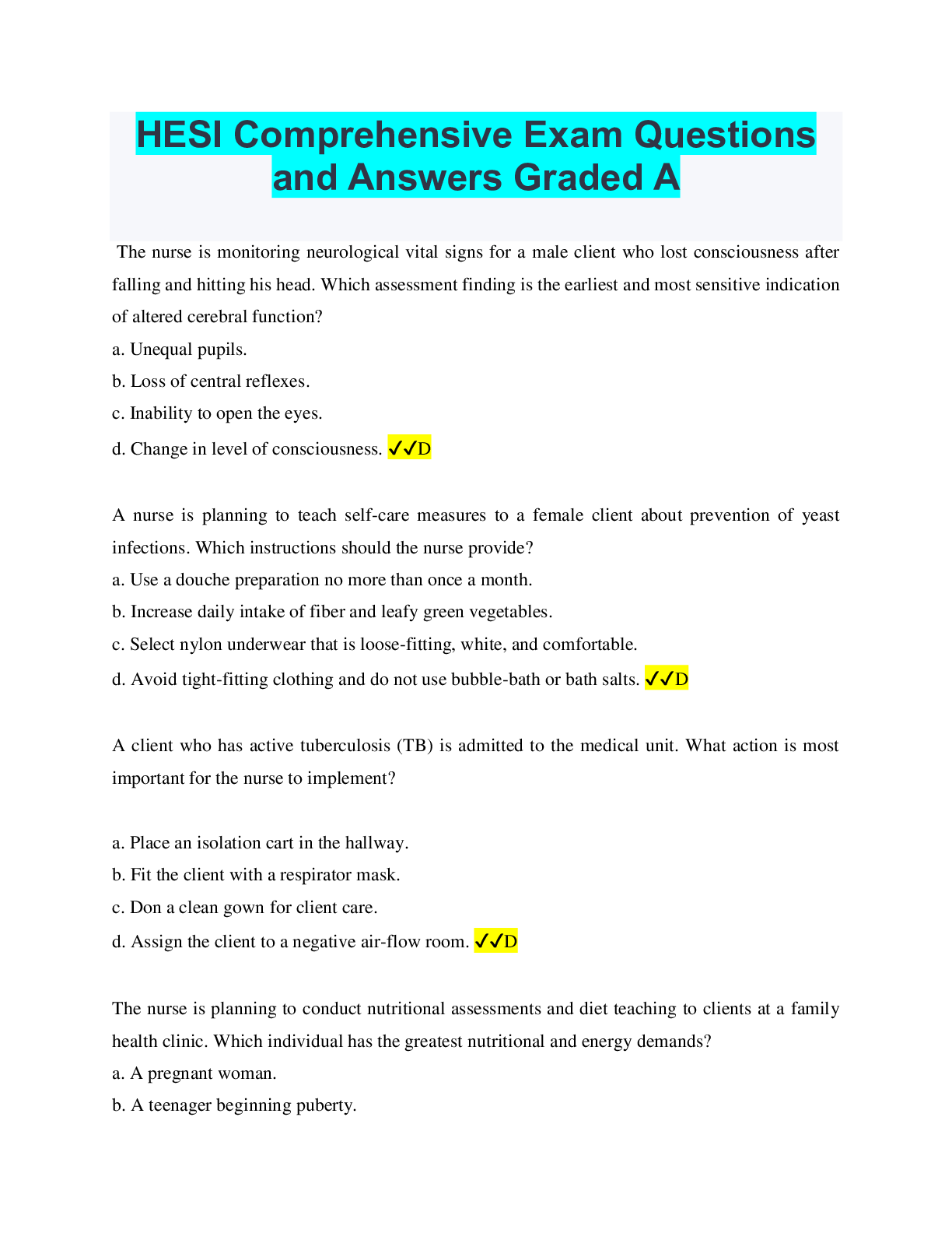 HESI Comprehensive Exam Questions and Answers Graded A - Scholarfriends
