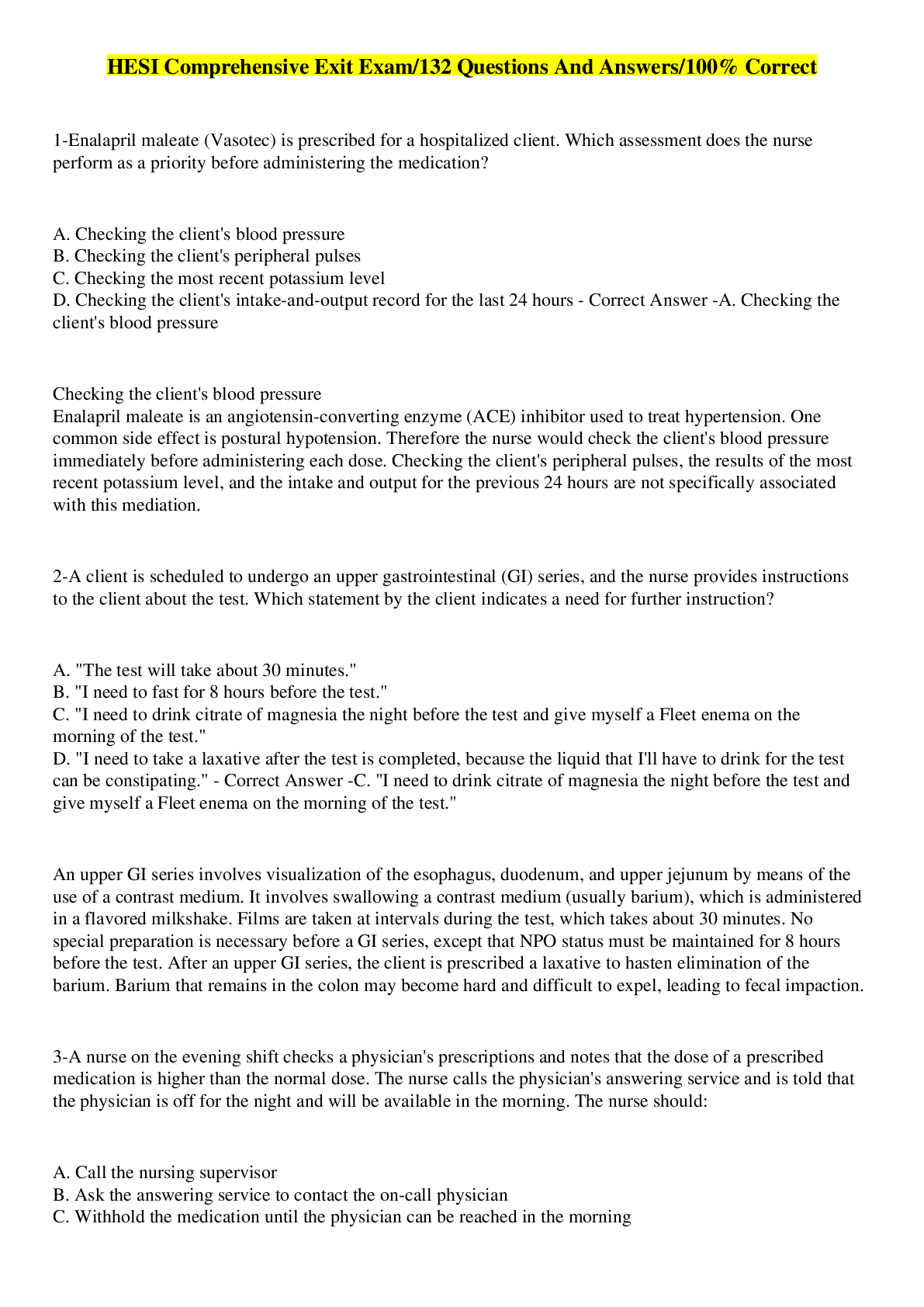 HESI Comprehensive Exit Exam Questions And Answers( Complete Solution ...
