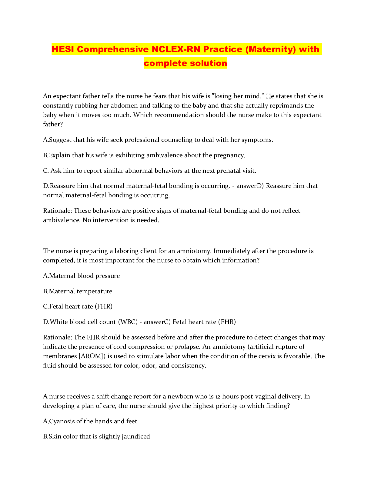 HESI Comprehensive NCLEX-RN Practice (Maternity) with complete solution ...