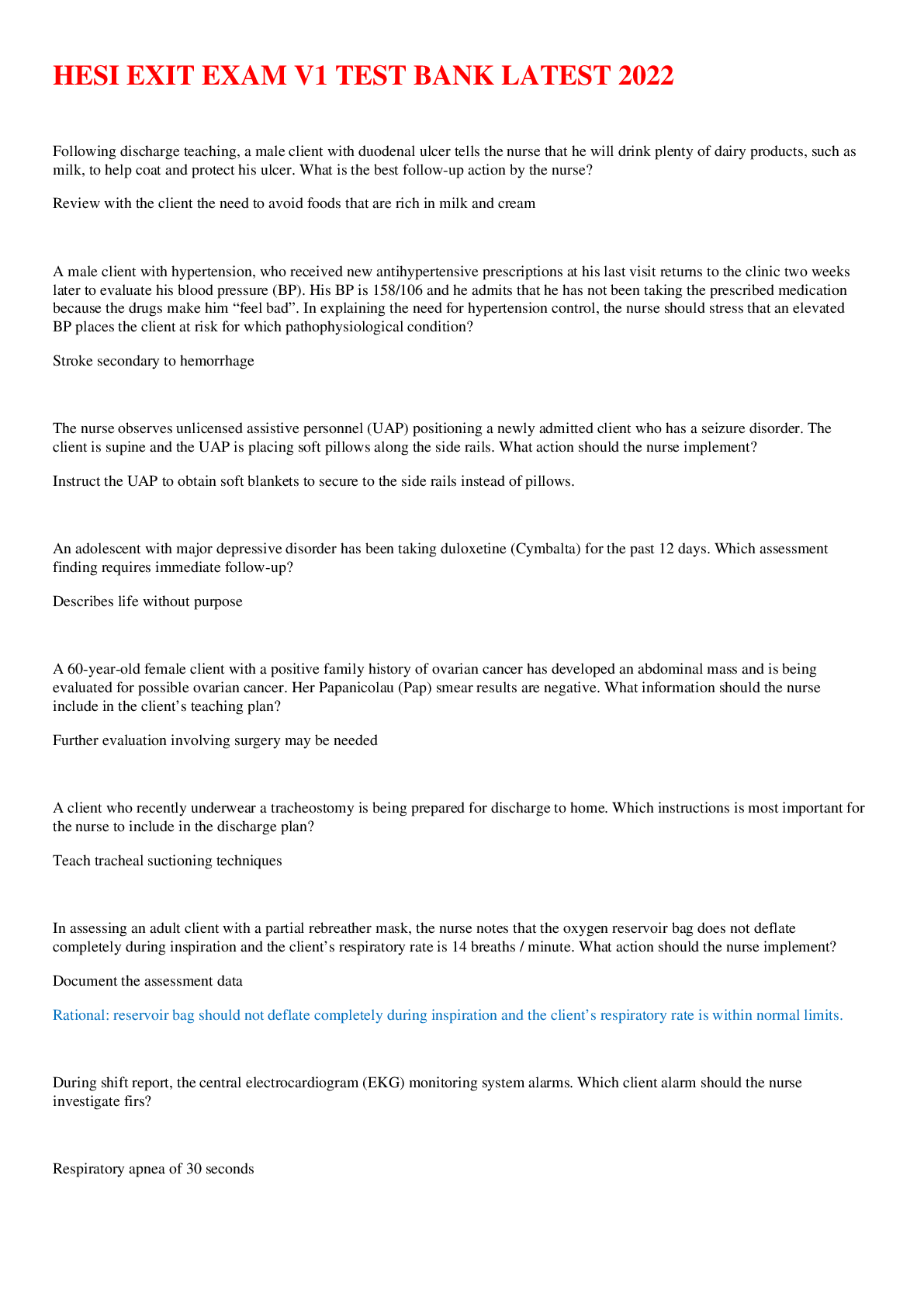 HESI EXIT EXAM V1 TEST BANK LATEST 2022 – Scholarfriends - Scholarfriends