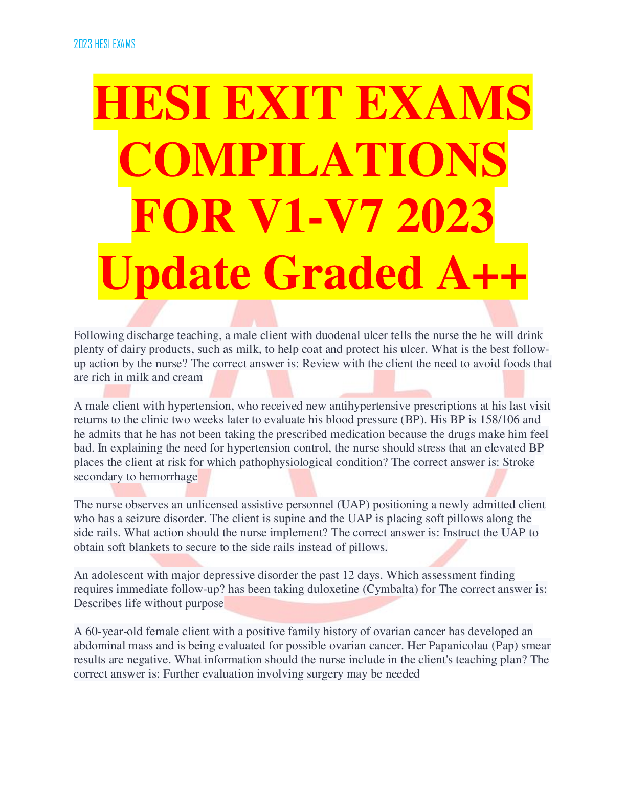 HESI EXIT EXAMS COMPILATIONS FOR V1-V7 2023 Update Graded A++ ...