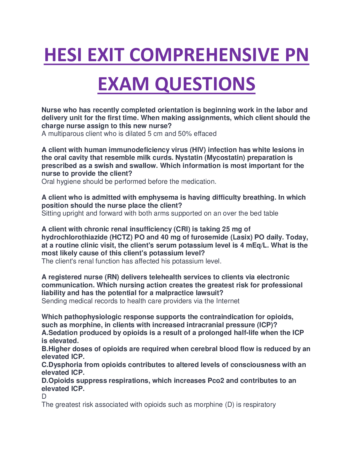 HESI EXIT COMPREHENSIVE PN ACTUAL EXAM QUESTIONS AND ANSWERS COMPLETE ...