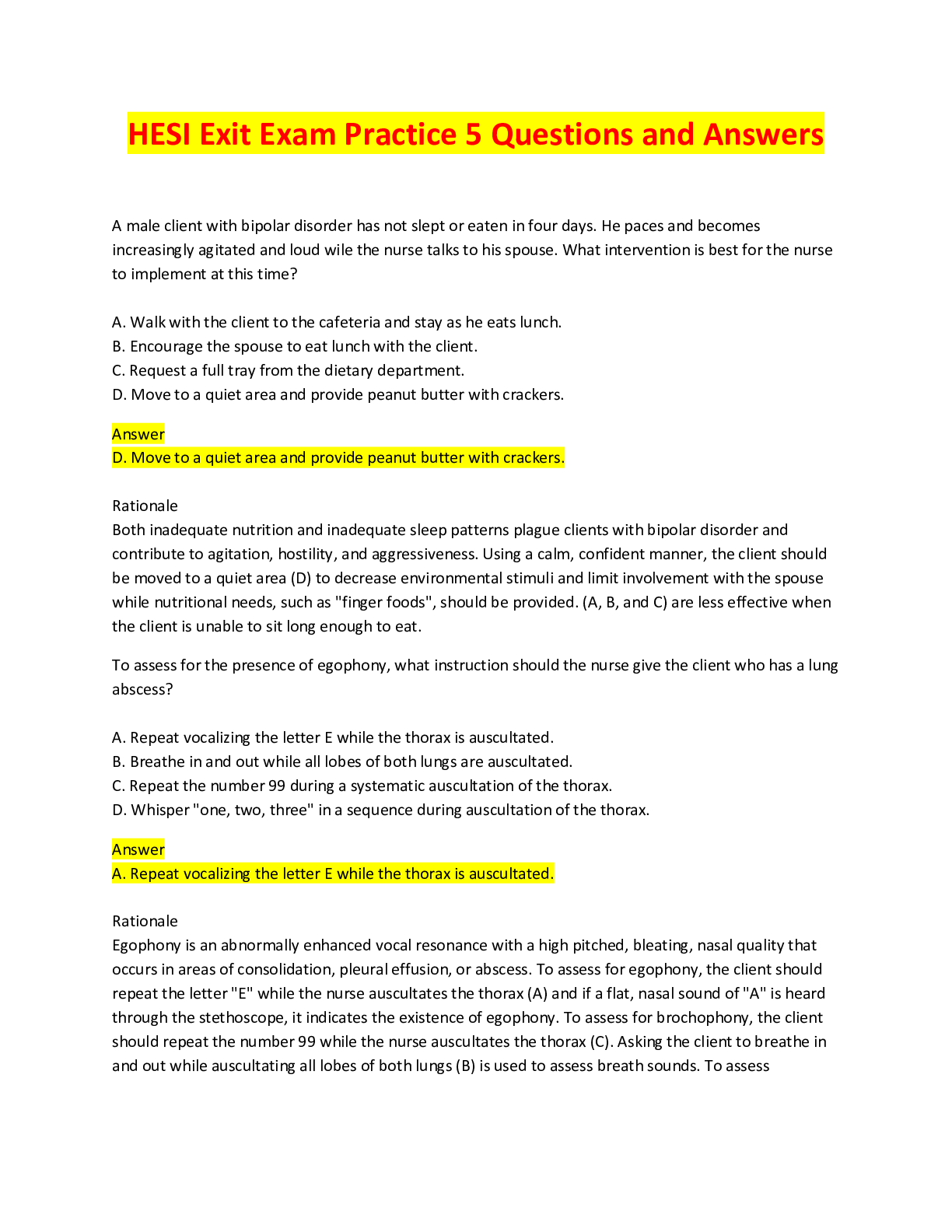 HESI Exit Exam Practice 5 Questions and Answers - Scholarfriends