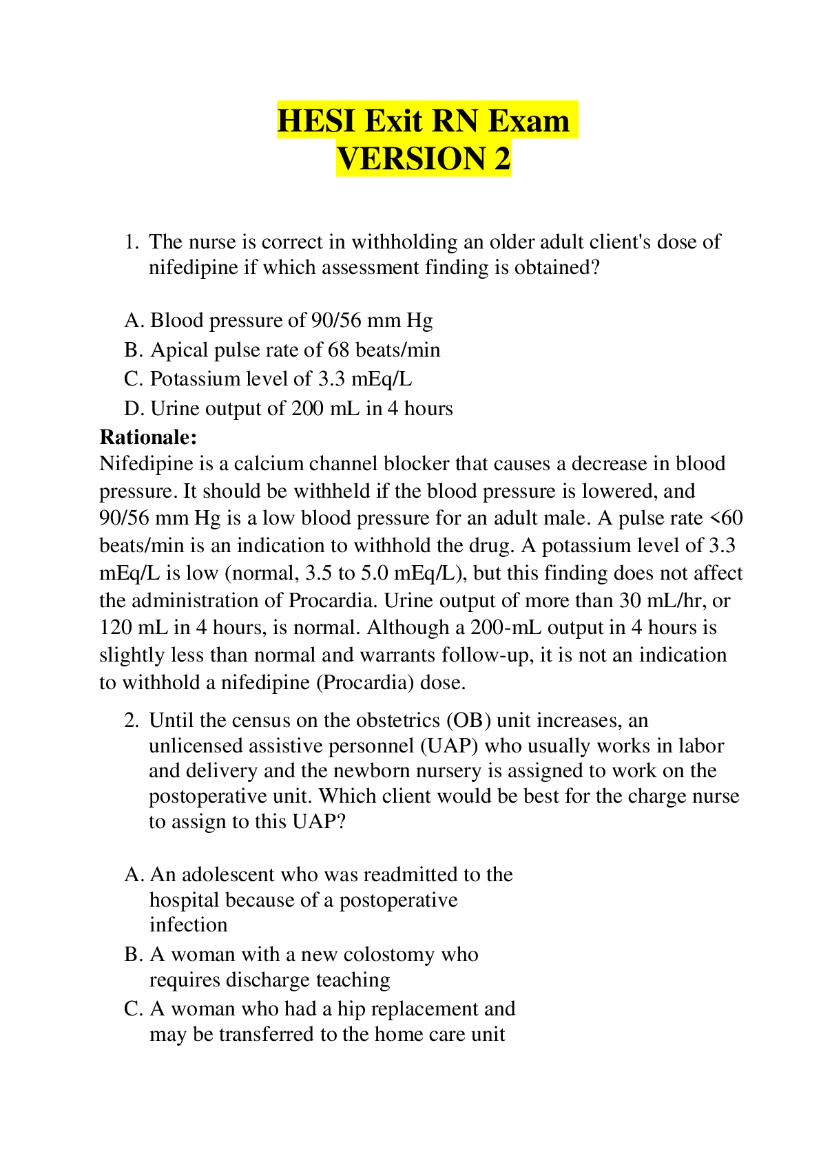 HESI Exit RN Exam Version 2 Questions & Answers with Rationale ...