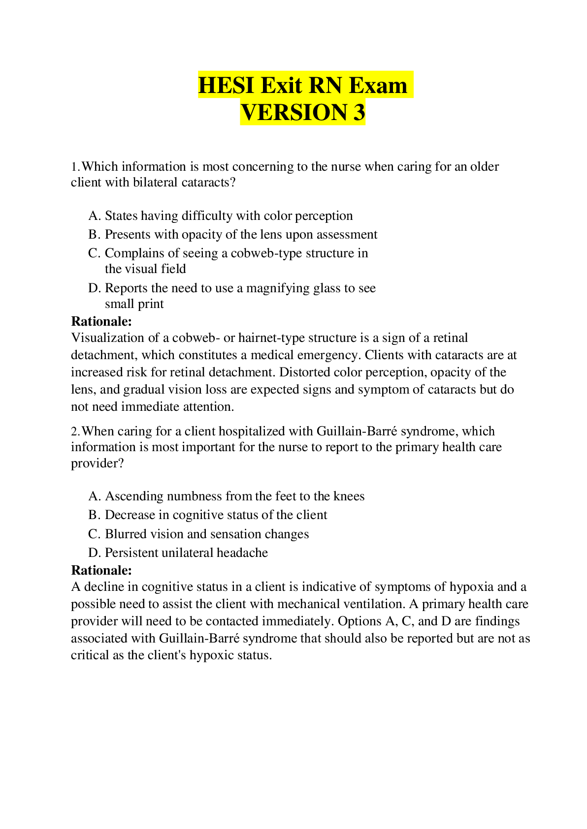 HESI Exit RN Exam Version 3 Questions & Answers with Rationale ...