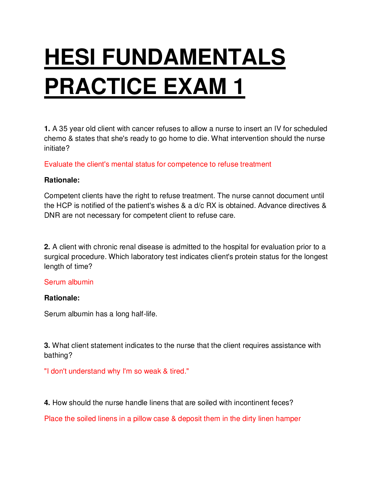 HESI FUNDAMENTALS PRACTICE EXAM 1. QUESTIONS AND ANSWERS. - Scholarfriends