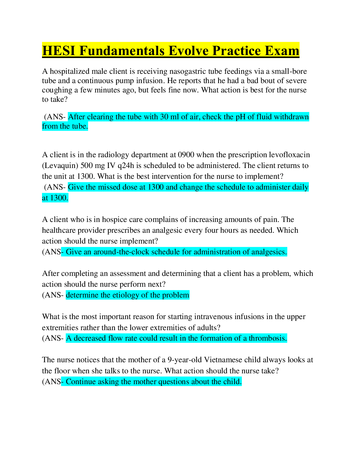 HESI Fundamentals Evolve Practice Exam/ Questions & Answers/ Updated ...