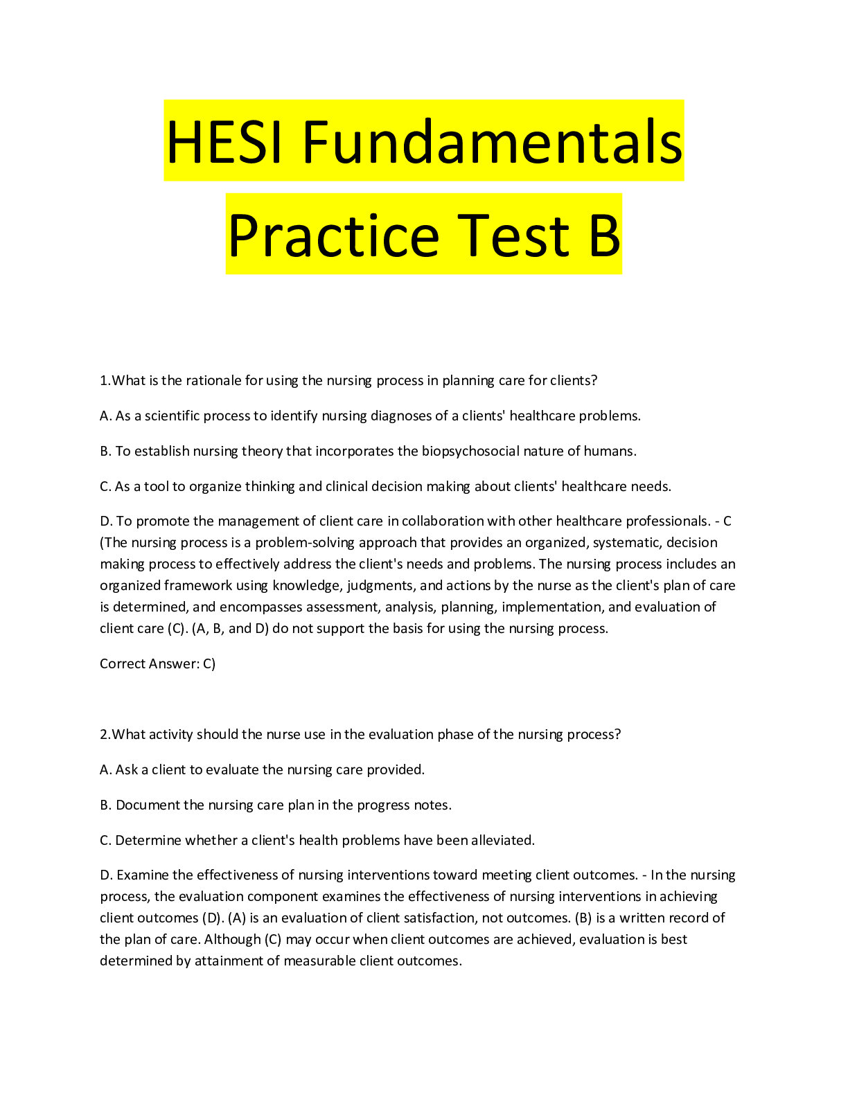 HESI Fundamentals Practice Test B - Scholarfriends