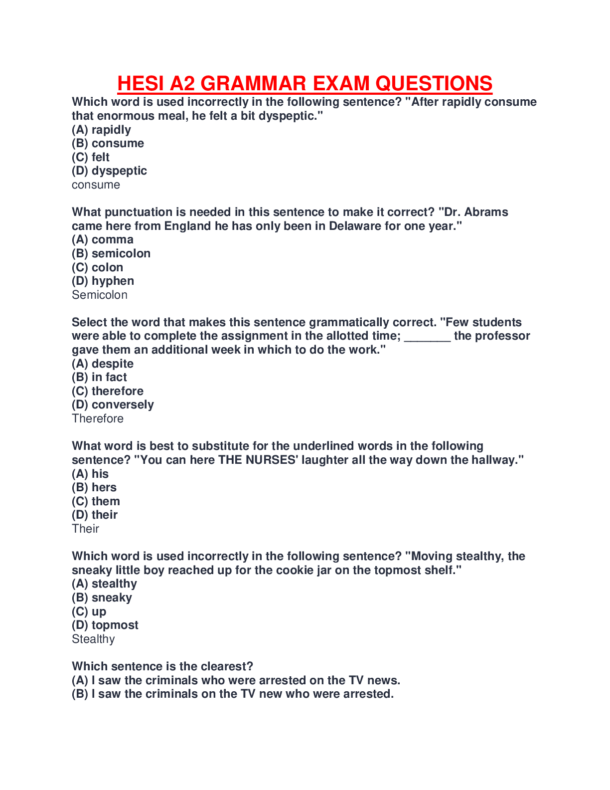 HESI A2 GRAMMAR PRACTICE EXAM QUESTIONS AND ANSWERS NEW UPDATED AND ...