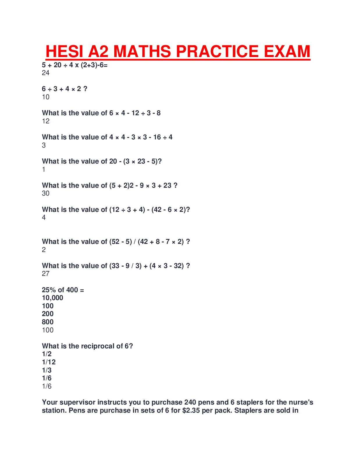 HESI A2 MATHS PRACTICE EXAM QUESTIONS AND ANSWERS NEW UPDATED AND ...