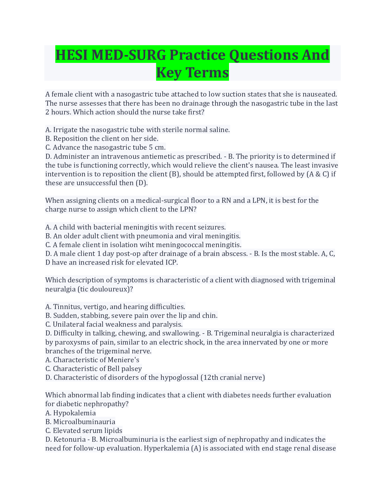 HESI MED-SURG Practice Questions And Key Terms With Complete Solution ...