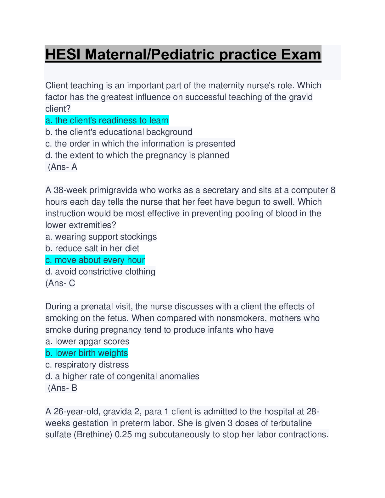 HESI Maternal/Pediatric practice Exam: Questions & Answers:Guaranteed ...