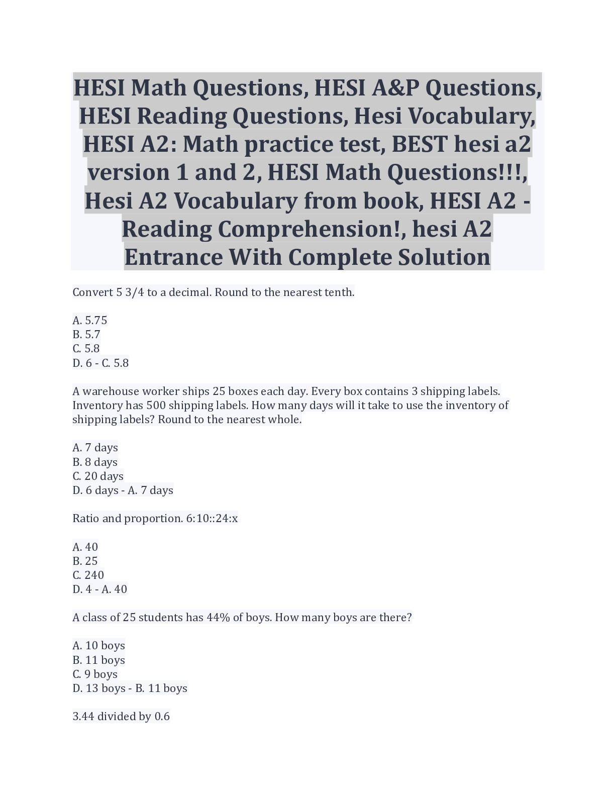 HESI Math Questions, HESI A&P Questions, HESI Reading Questions, Hesi ...